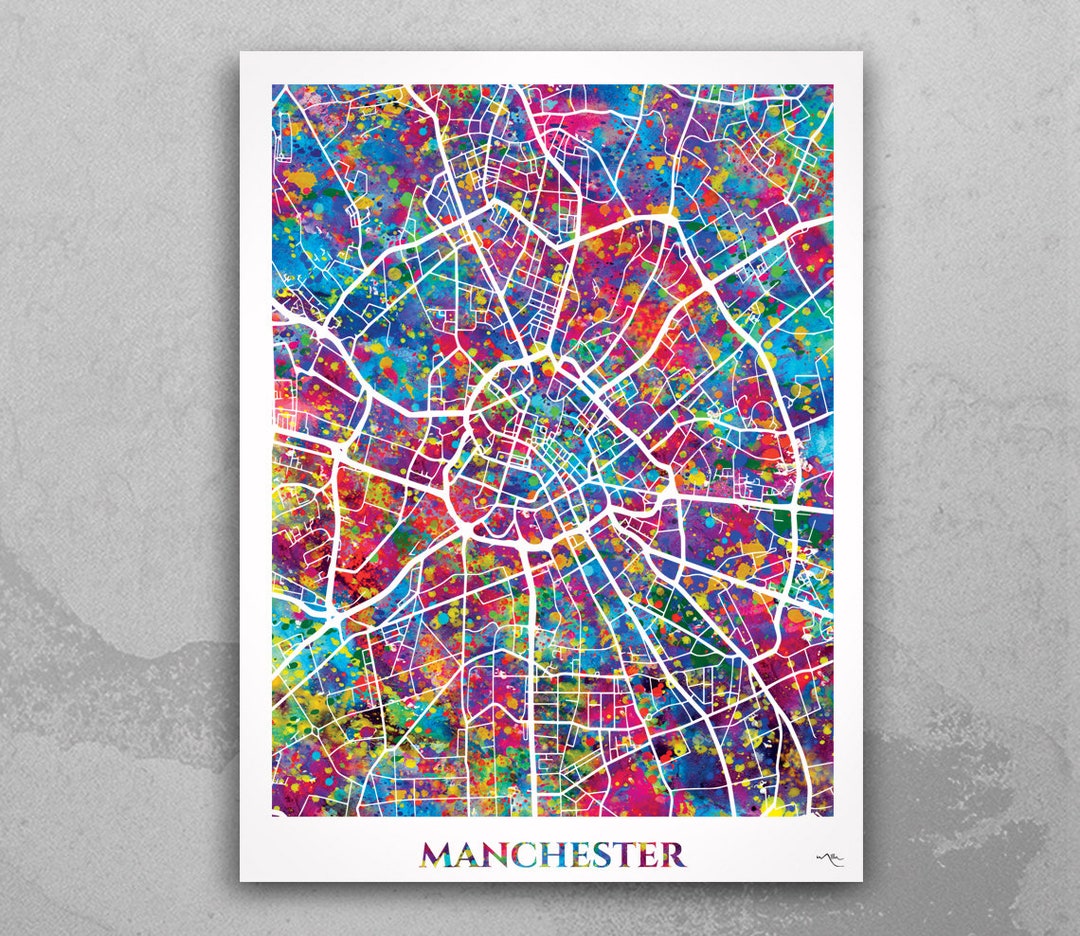 Manchester Map Watercolor Print Wall Art Manchester City Road Street ...