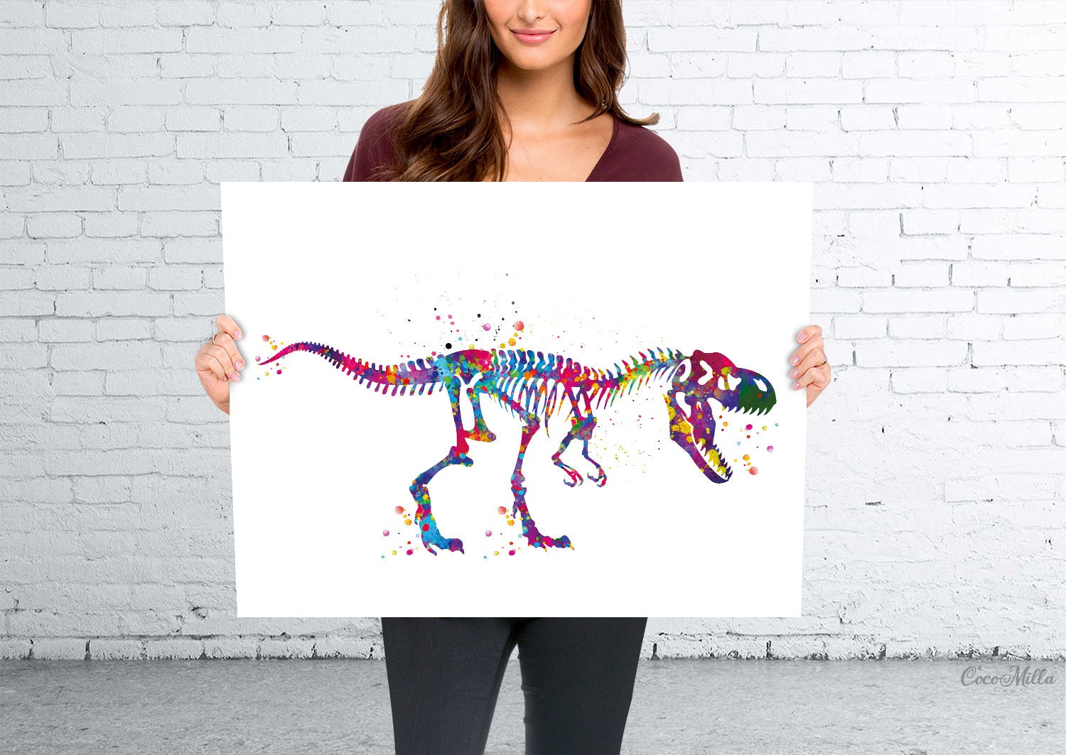 T-rex Dinosaur Skeleton Trex Dino Watercolor Print Boy Gift | Etsy