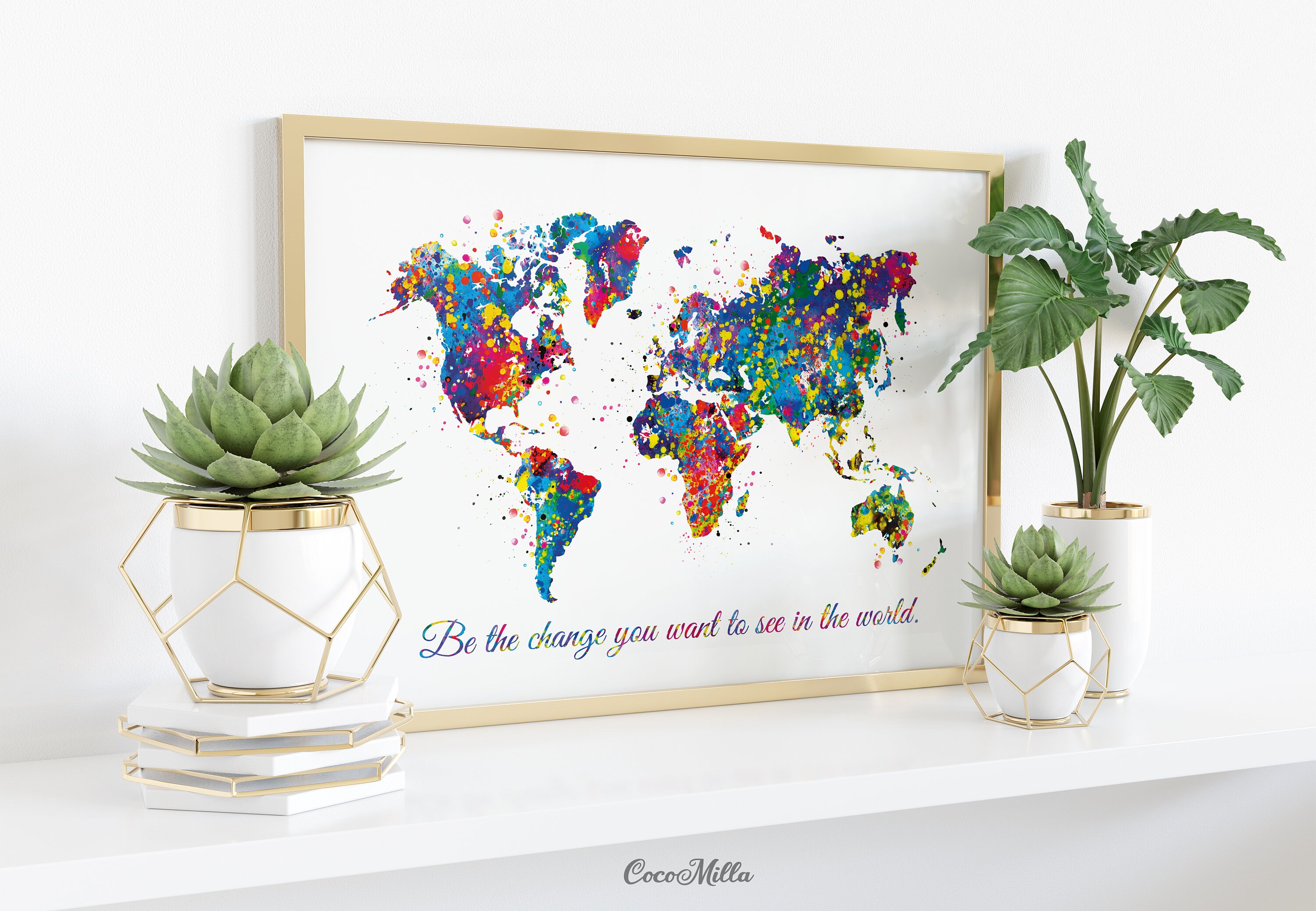 Watercolor World Map Be the Change Quote Art Print Travel Art | Etsy
