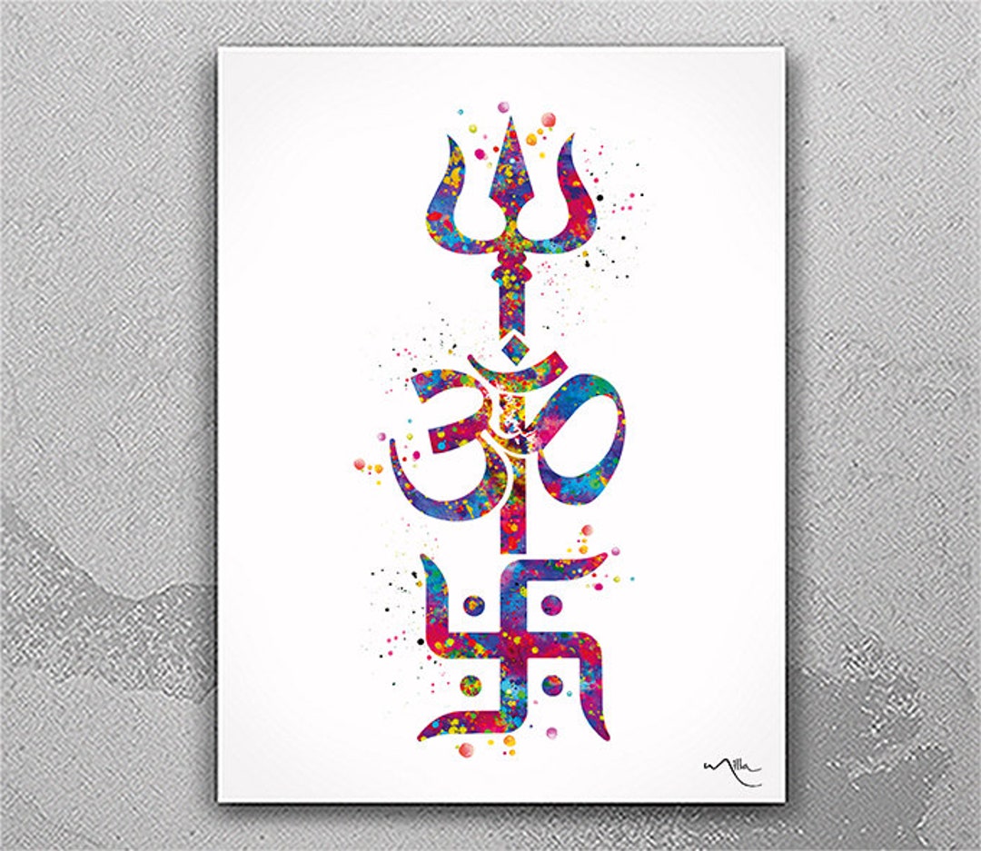 Trishul Swastik Om Symbol Watercolor Print Hinduism Wall Art Poster ...