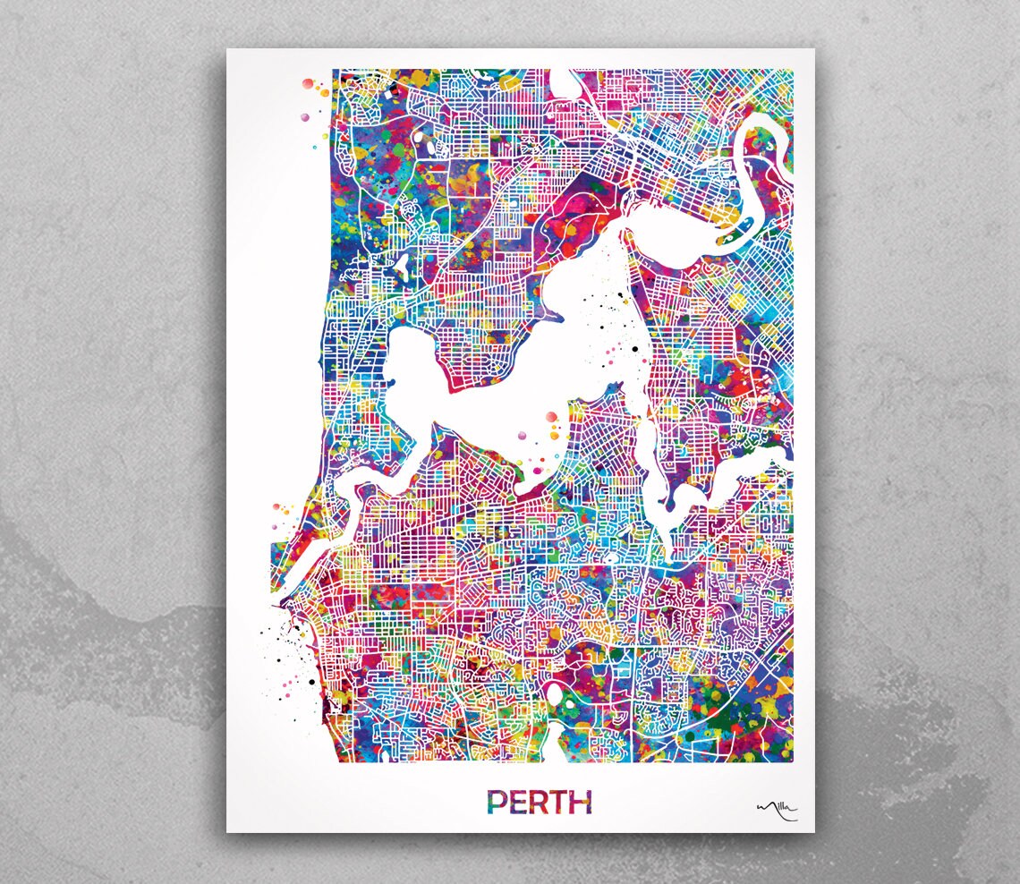Perth City Map Watercolor Print Perth Gift Australia Travel | Etsy