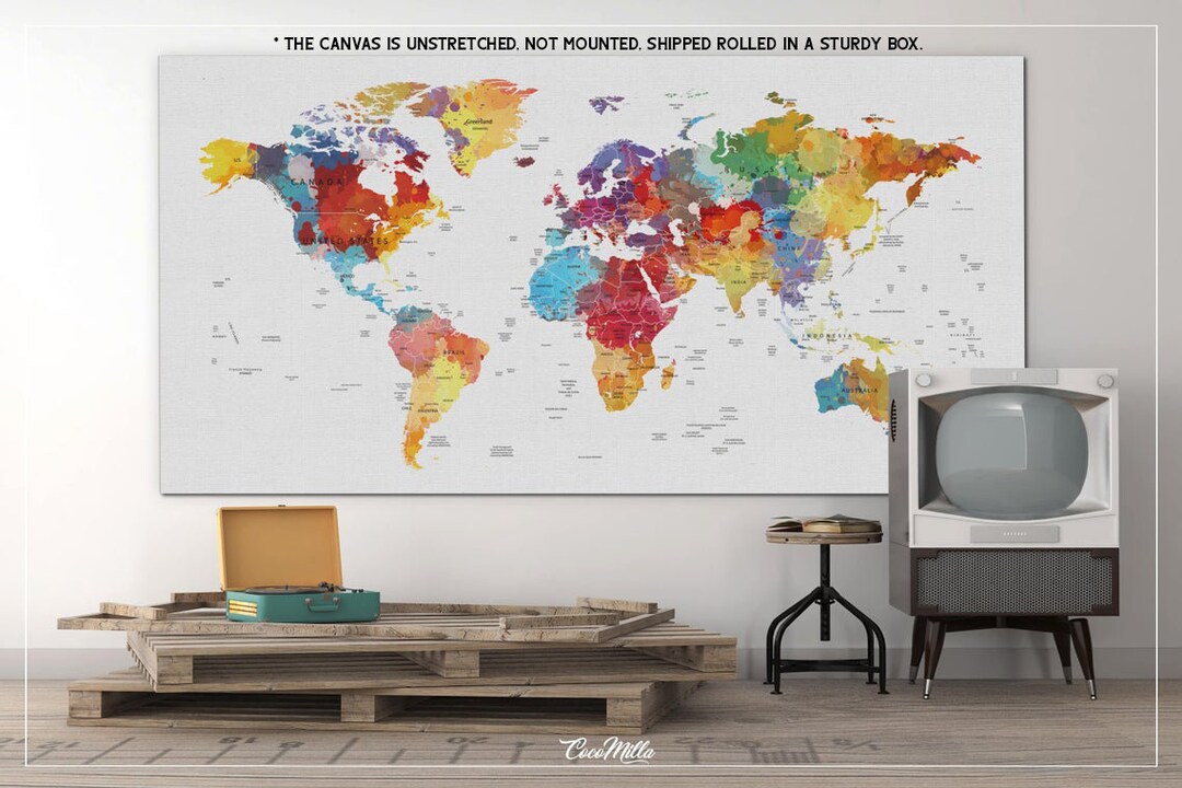 World Map Push Pin, Extra Large Canvas Print, Watercolor World Map ...