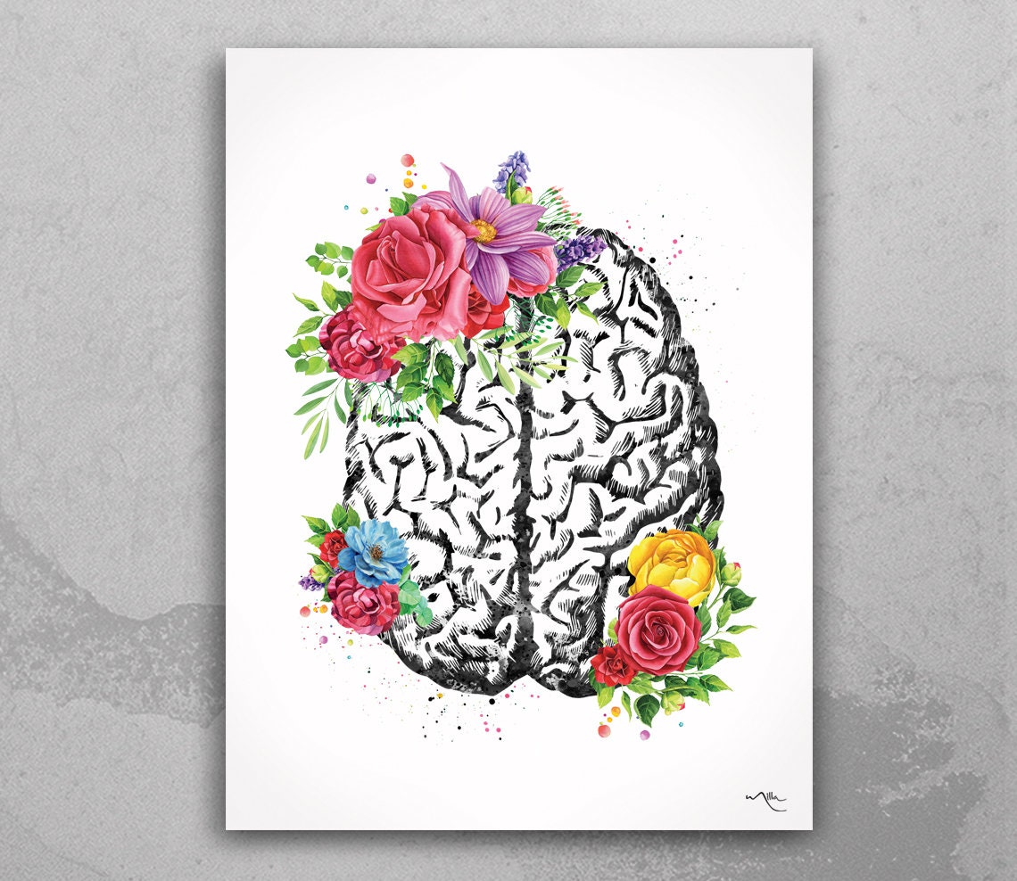 Brain Anatomy Flowers Cerebrum Floral Watercolor Print Medical | Etsy