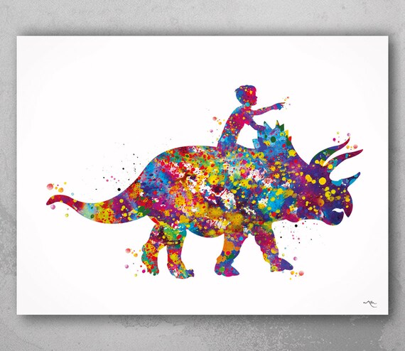 Triceratops Rider Boy Watercolor Print Dino Poster Art Print | Etsy