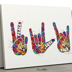Peace Love Rock Symbol Watercolor Print ASL Sign Language Love Hand ...