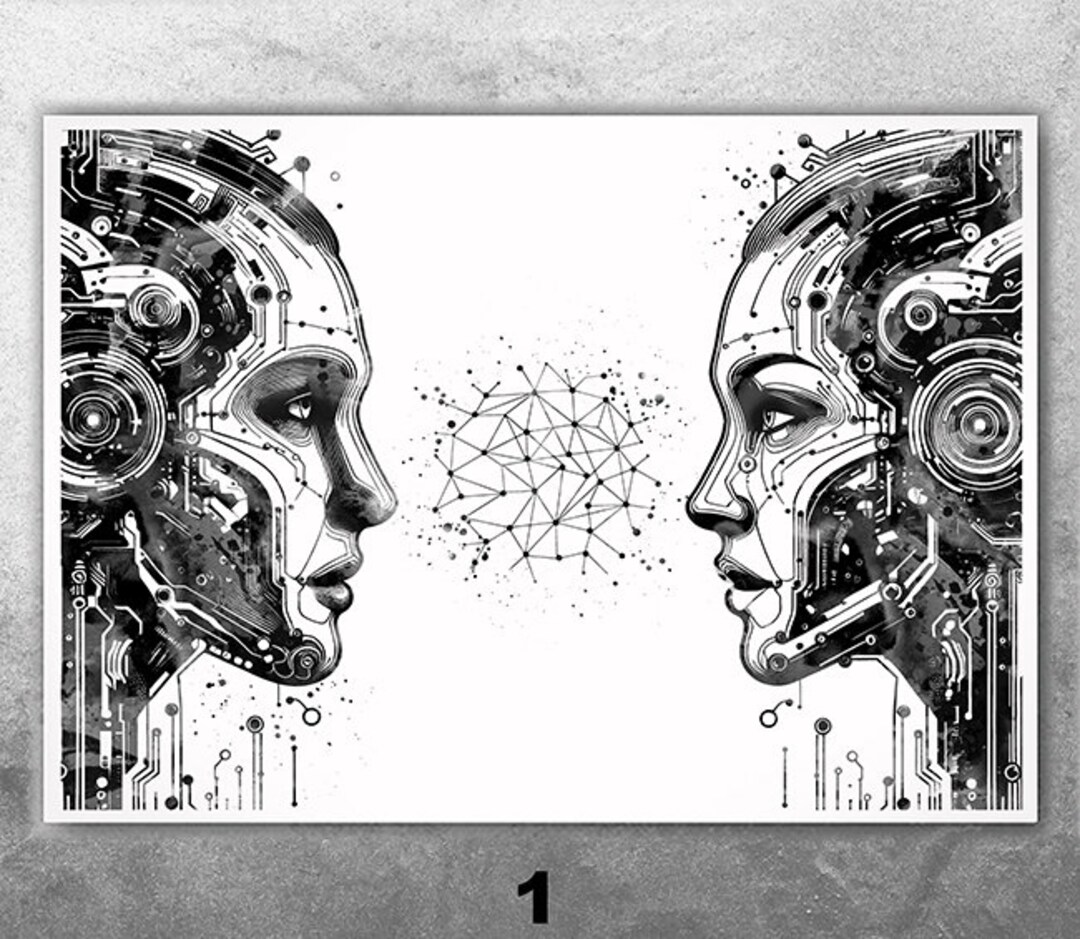 Artificial Intelligence Couple Watercolor Print Tech Abstract Circuit ...