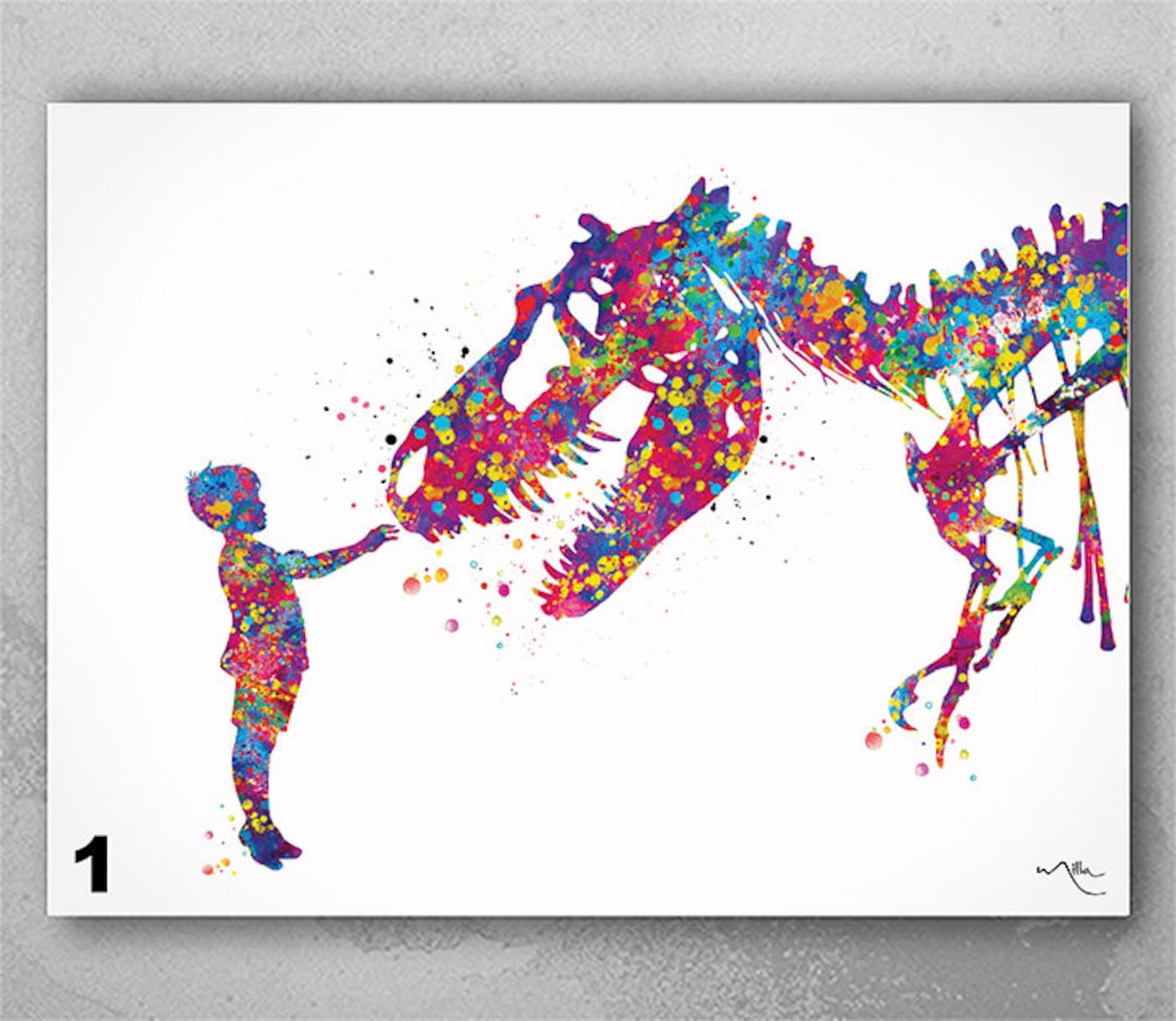 Boy and Dinosaur Watercolor Print Little Boy and T-rex Poster ...