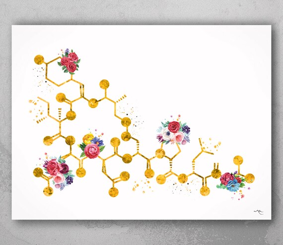 Oxytocin Molecule Floral Gold Watercolor Print Medical Art - Etsy UK