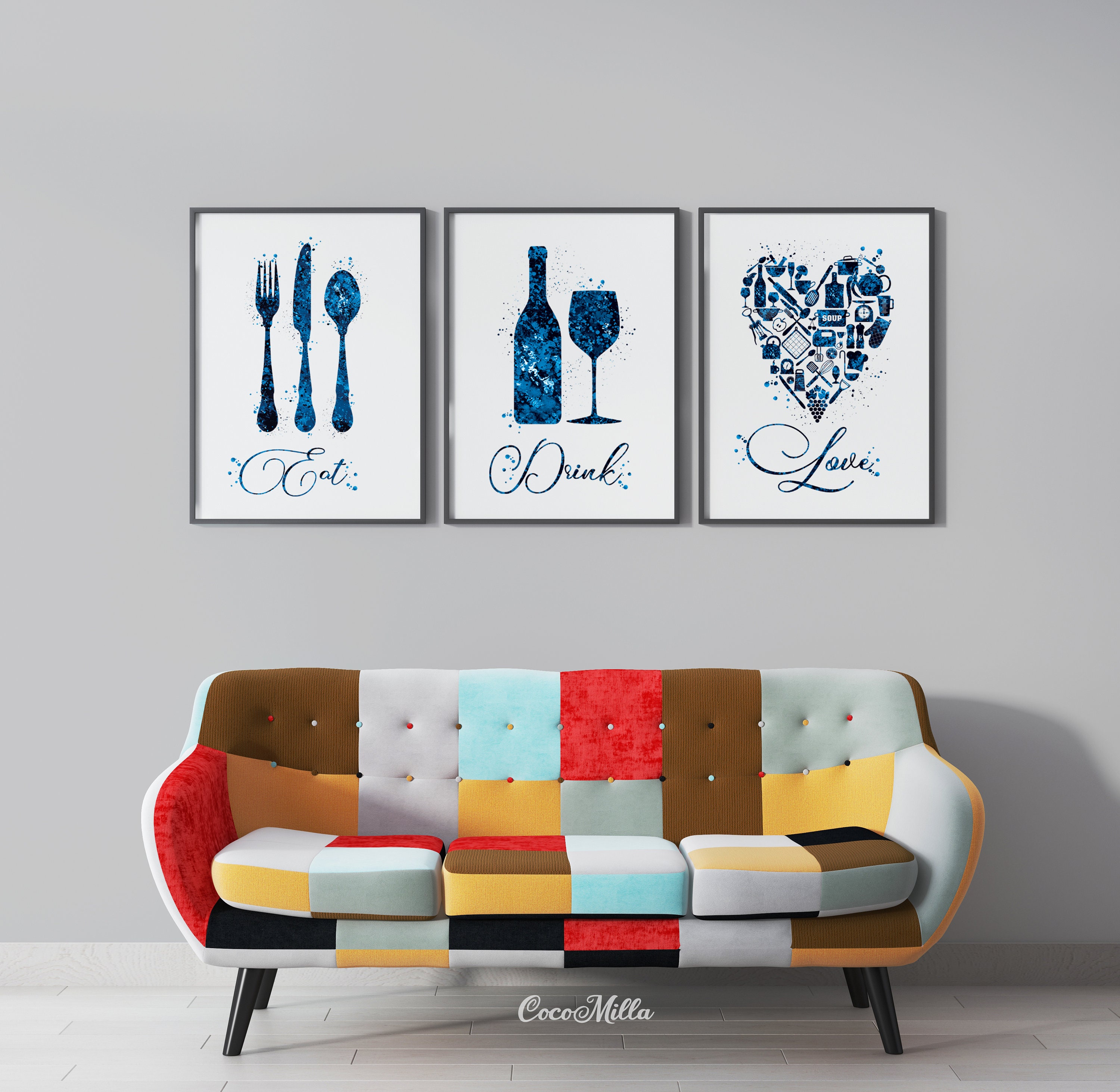Kitchen Art Watercolor Print Eat Drink Love Set of 3 Kitchen | Etsy