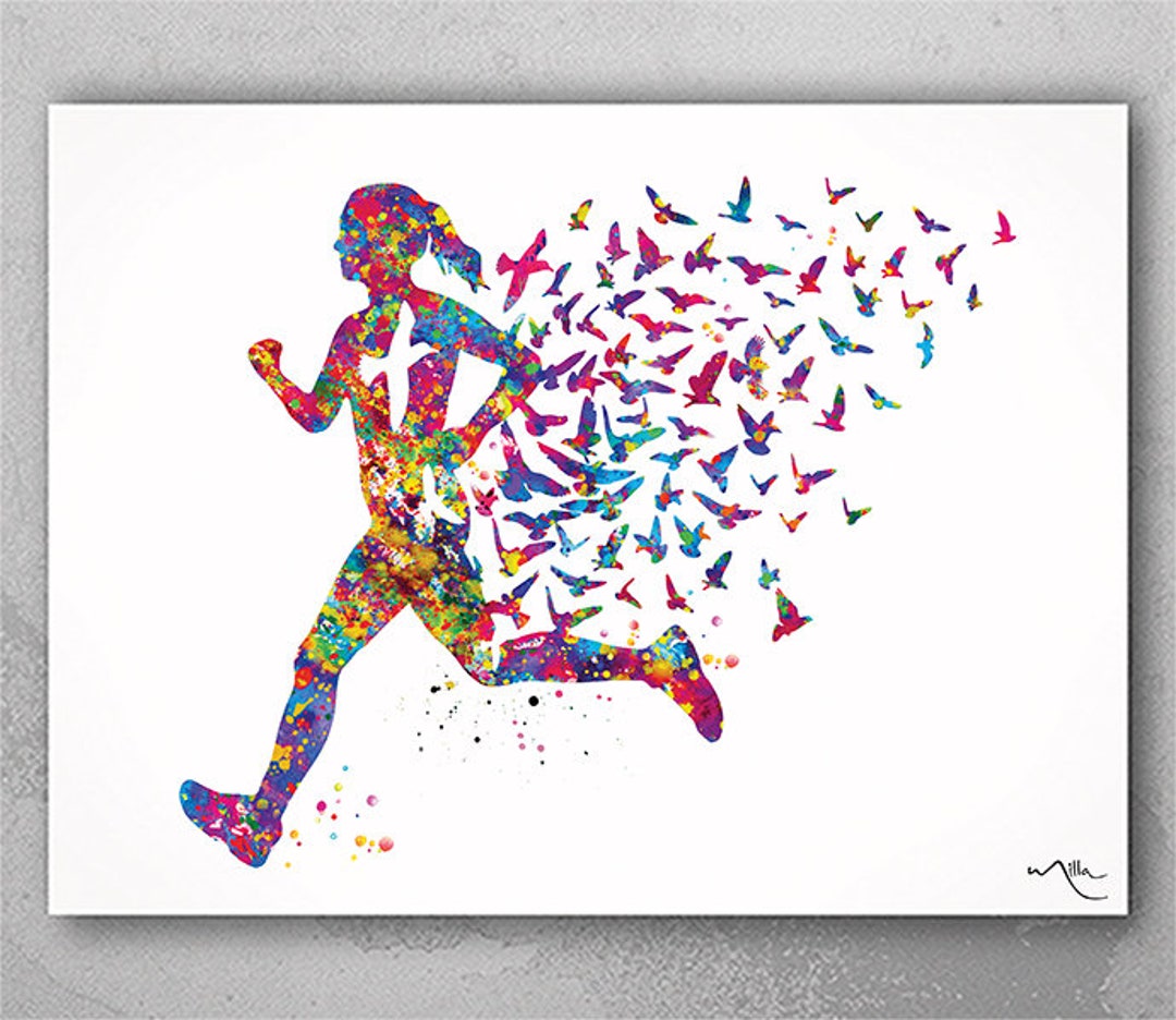Runner Woman With Birds Watercolor Print Runner Woman Female Girl ...