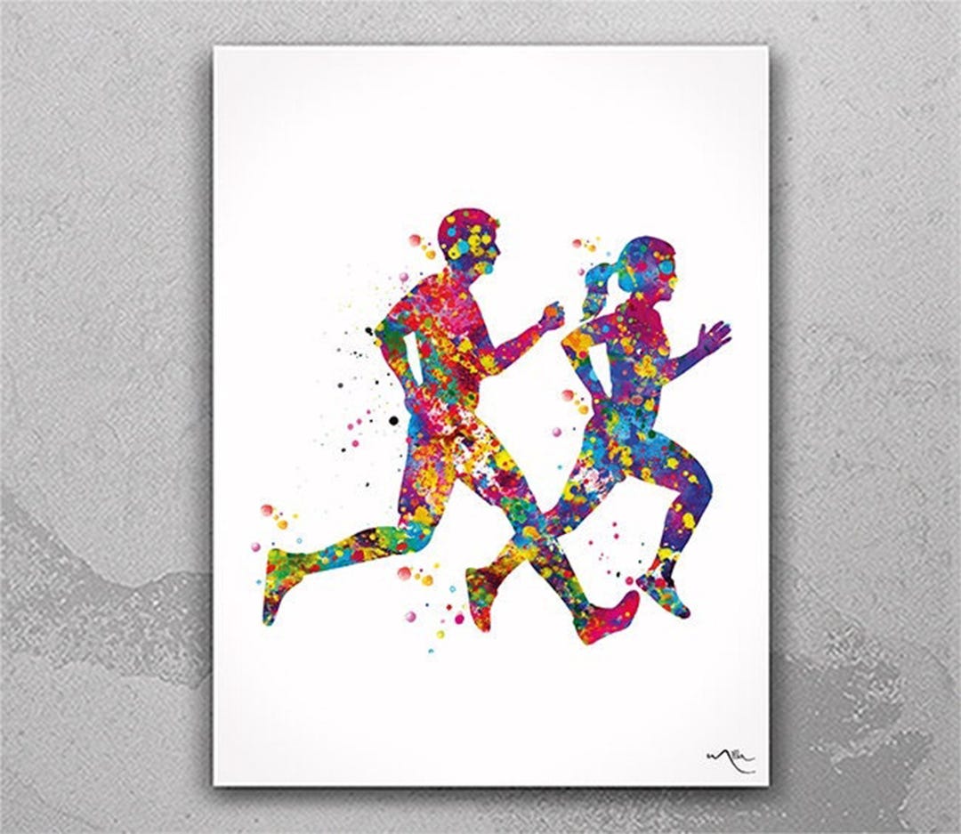 Runners Watercolor Print Canvas Runner Woman Man Couple Marathon Winner ...