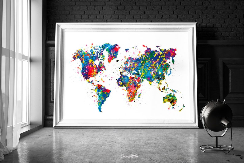 Watercolor World Map Print Travel Art Wall Wedding Gift | Etsy
