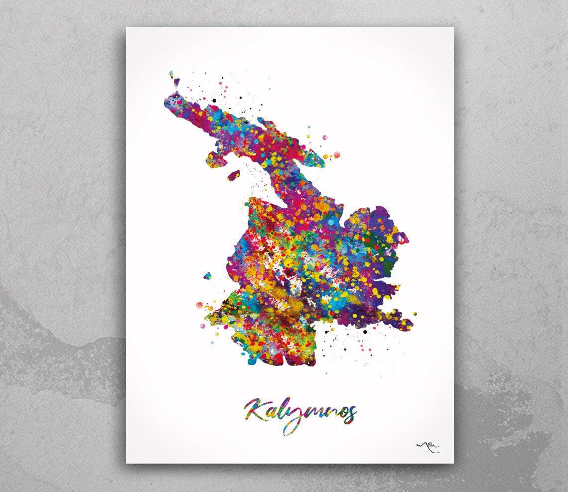 Kalymnos Greece Map Art Print, Watercolor Island Decor-2278 - Etsy