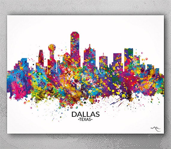 Dallas Skyline Texas Watercolor Print Map State Cityscape - Etsy