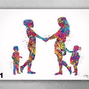Two Moms and Two Kids Watercolor Print Same Sex New Moms LGBT Family ...