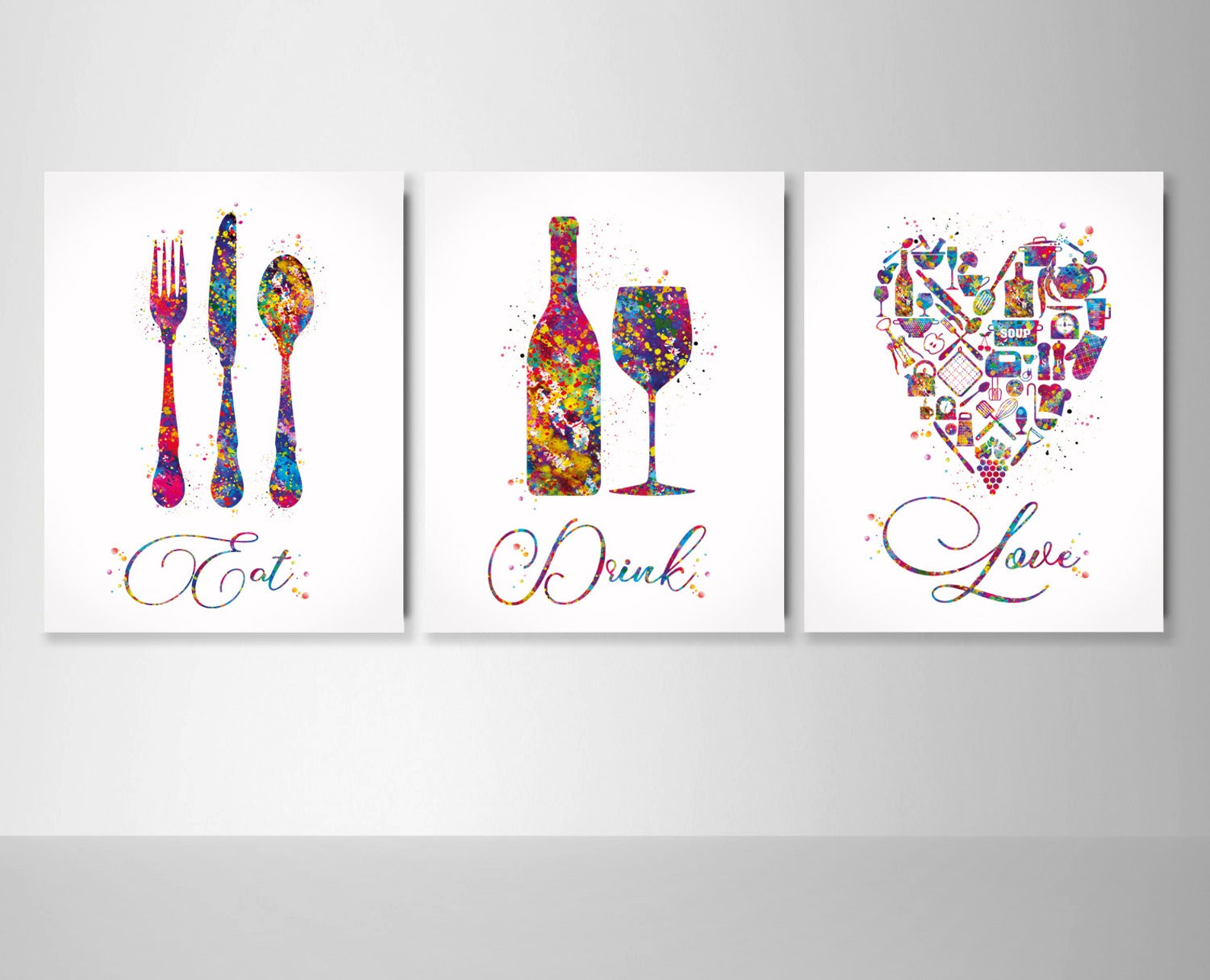 Kitchen Art Watercolor Print Eat Drink Love Set of 3 Kitchen - Etsy UK
