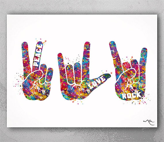 Peace Love Rock Symbol Watercolor Print ASL Sign Language Love - Etsy