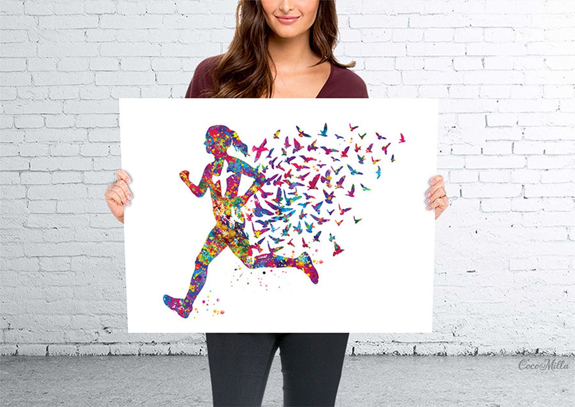 Runner Woman With Birds Watercolor Print Runner Woman Female - Etsy