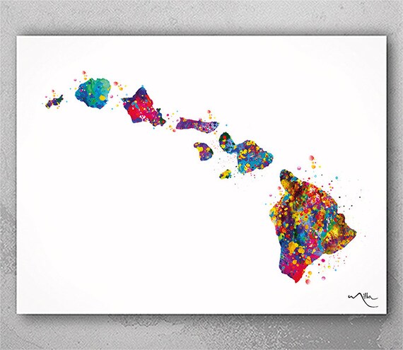Hawaii Map Watercolor Print Anniversary Art Print Wall - Etsy