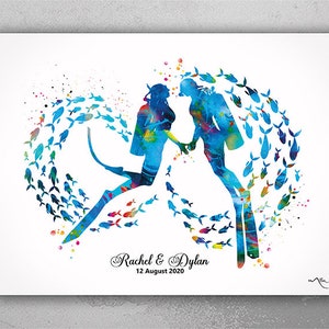 Scuba Diving Couple Watercolor Print: Personalized Wedding Gift Wall ...