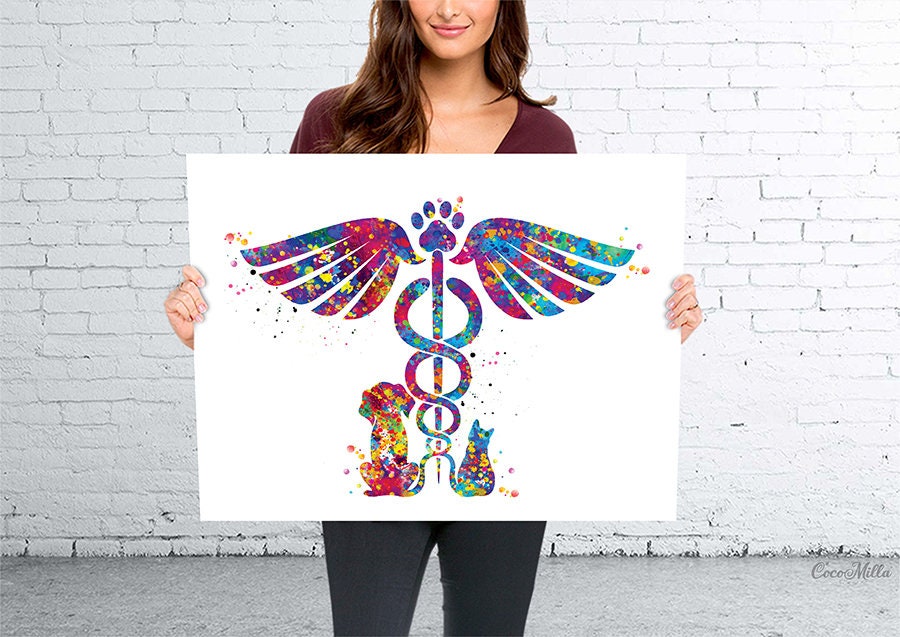 Veterinary Caduceus Watercolor Print Clinic Wall Art Cat Dog - Etsy