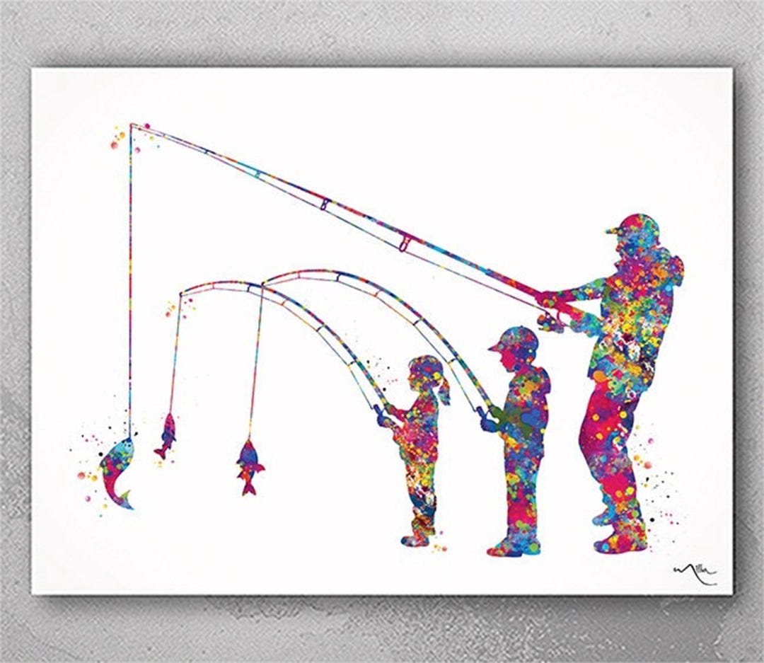 Father and Children Fishing Watercolor Print, Family Wall Art-1968 - Etsy