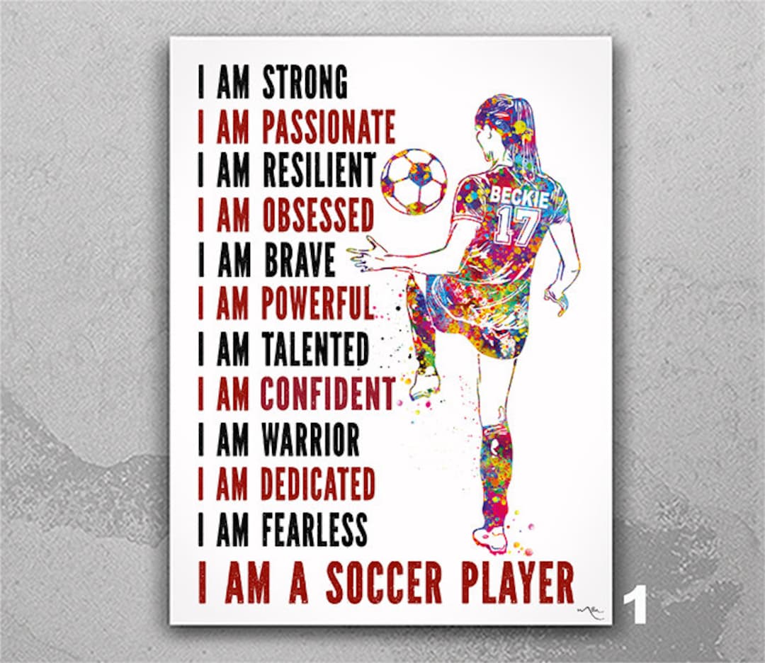 Personalized Women Soccer Player Watercolor Print I Am Strong Quote ...