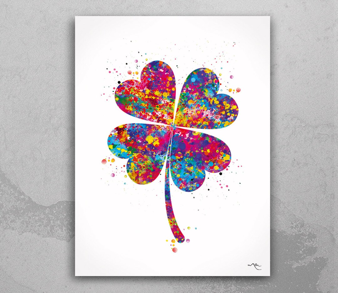 Four Leaf Clover Watercolor Print Wall Art Office Decor Saint Patricks ...