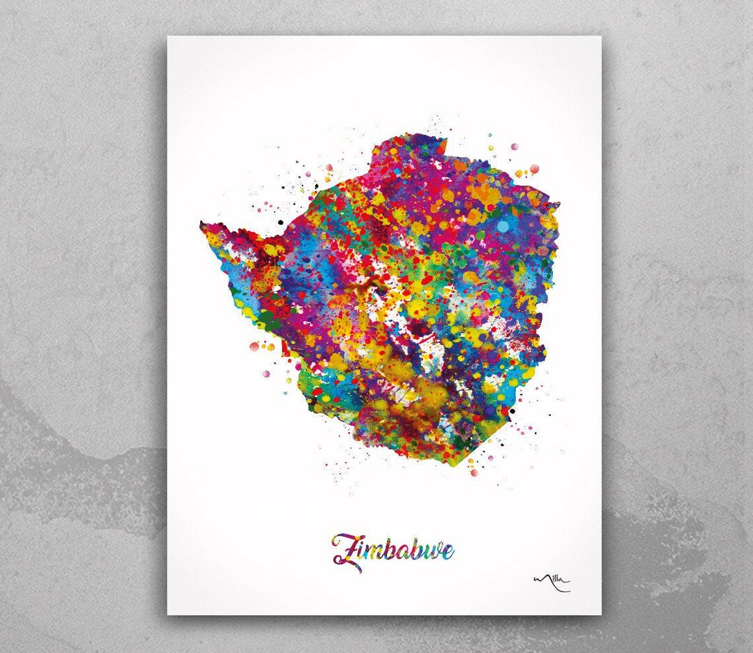 Zimbabwe Country Map Watercolor Print Wall Art Travel Map Harare Map ...