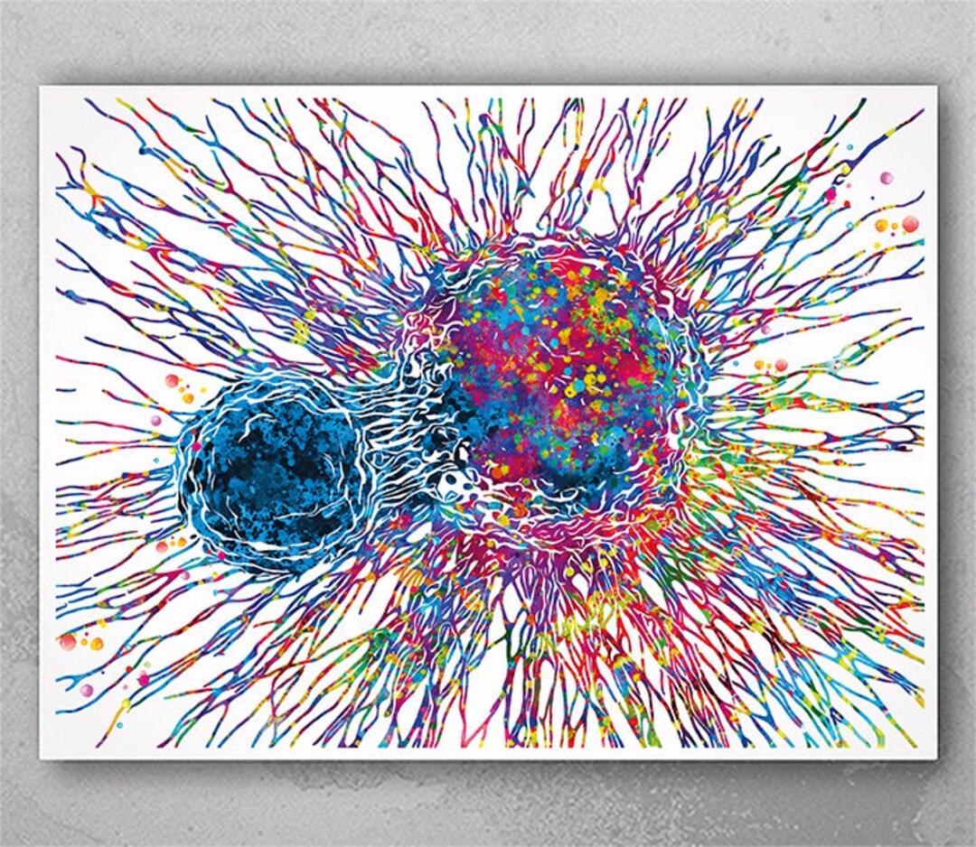 Cancer Cell and T-cells Watercolor Print Immune Cells Medical Art ...