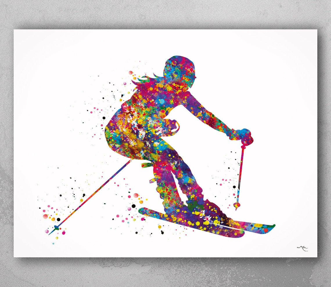 Ski Watercolor Print Skiing Skier Girl Winter Sports Art Wall - Etsy