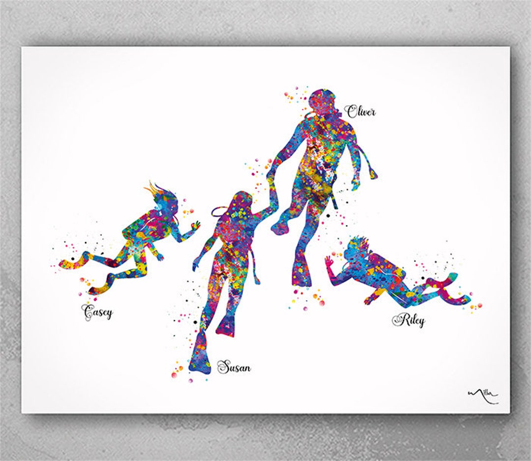 Scuba Diving Family Watercolor Print Personalised Scuba Family and Kids ...