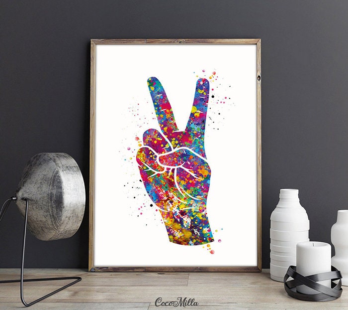 Home Décor Peace Hand Sign Watercolor Print Symbol Poster Housewarming ...