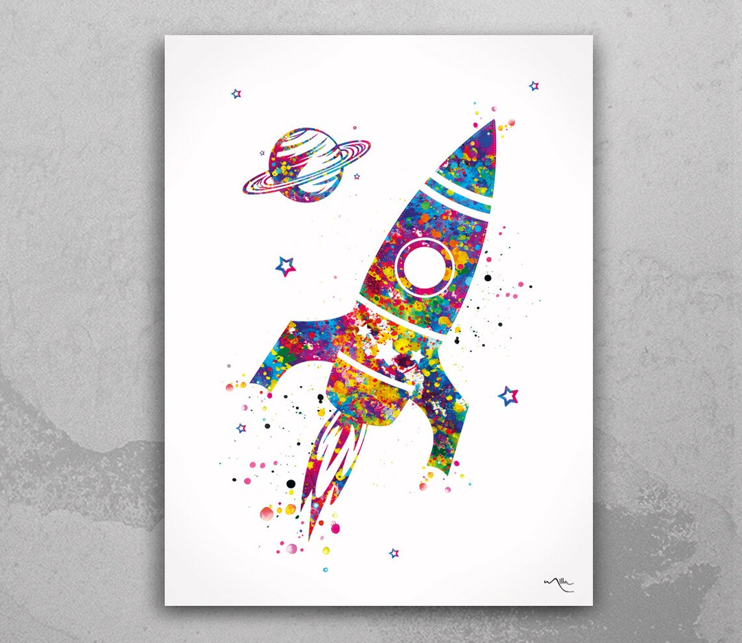 Rocket Nursery Print Watercolor Print Space Boy Gift Wall Art Kids Room ...