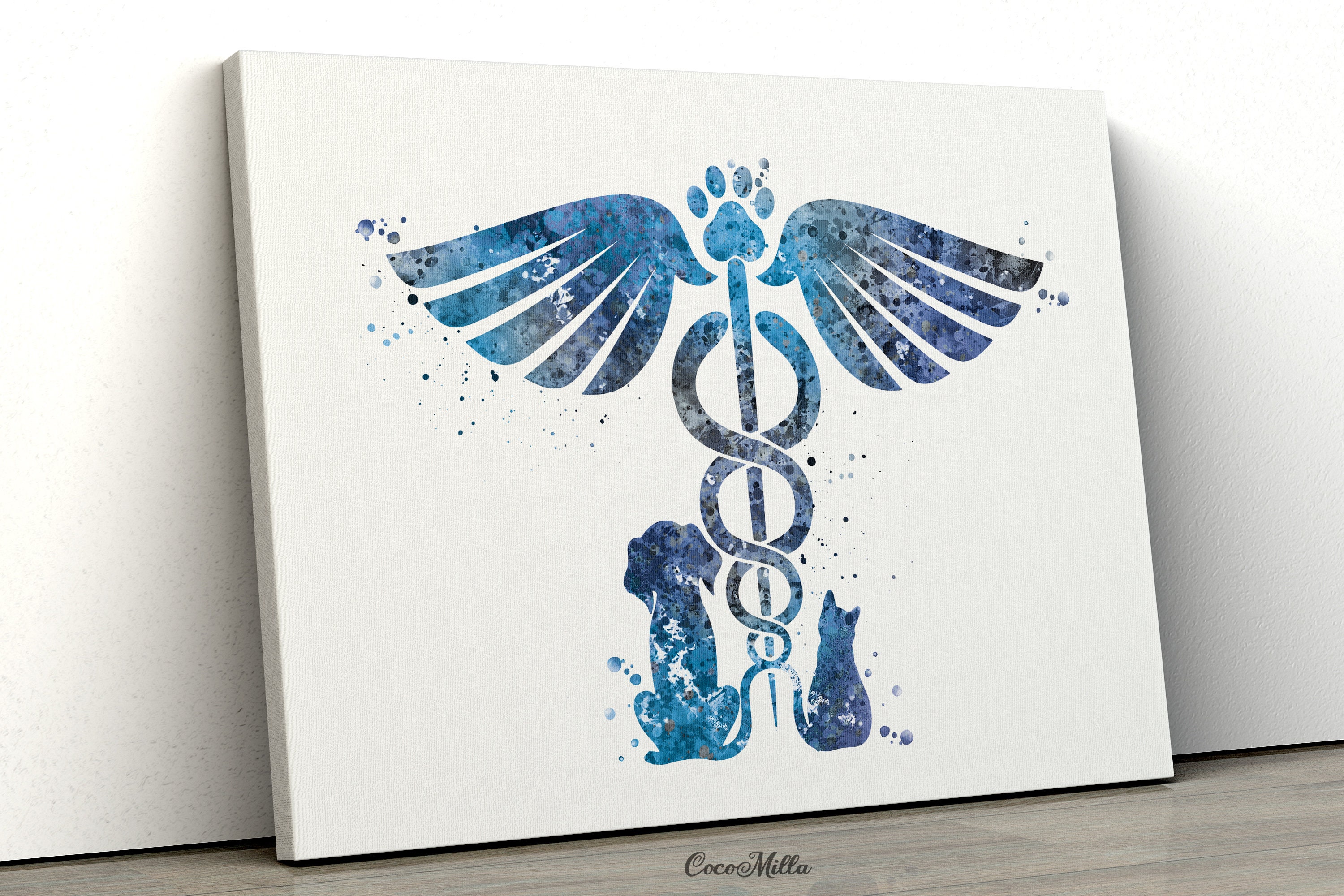Veterinary Caduceus Watercolor Print Blue Clinic Wall Art Cat | Etsy