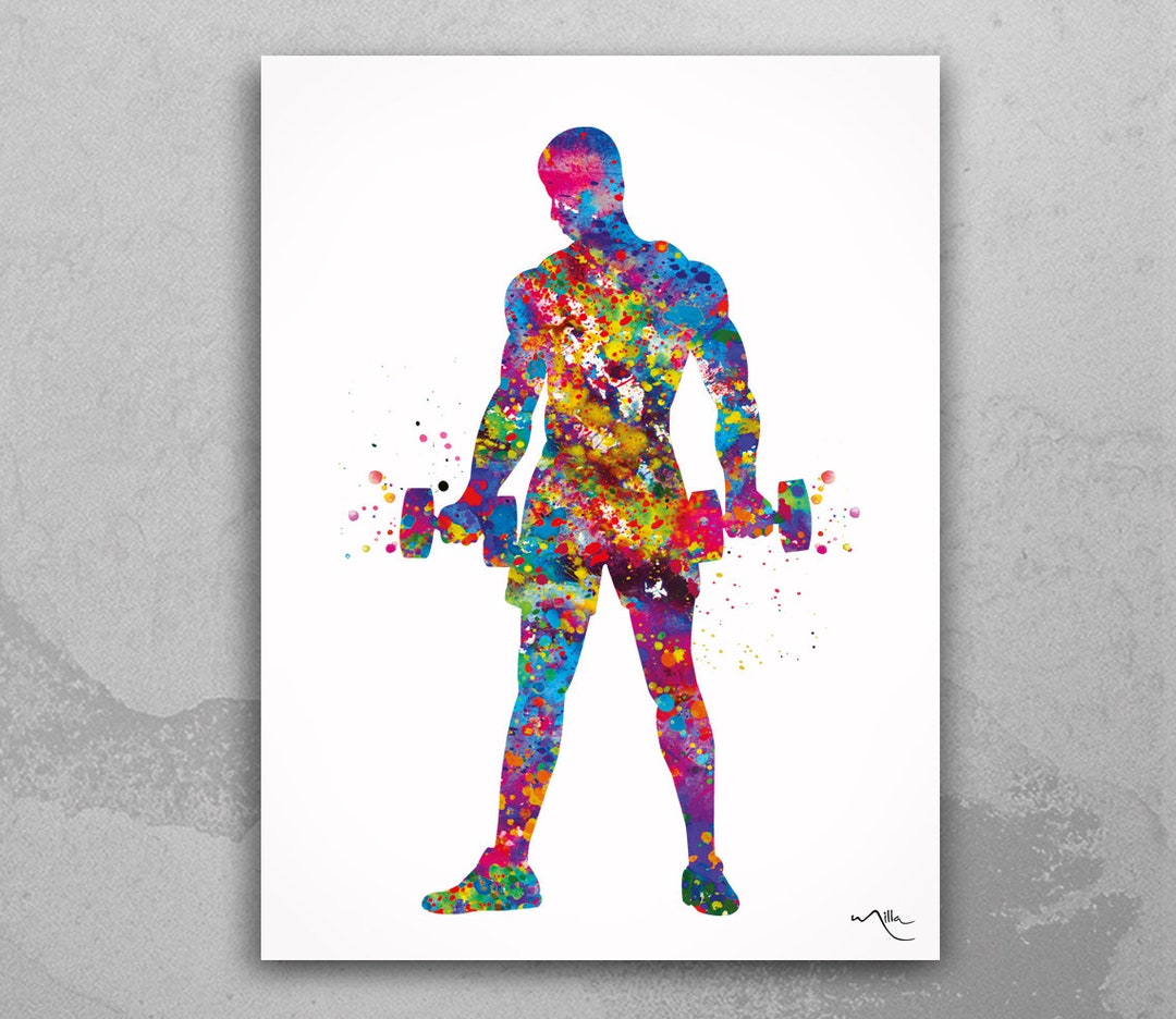 Male Lifting Weights Watercolor Print Male Boy Dumbell Weightlifter ...