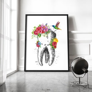 Floral Tooth Watercolor Print Tooth Flowers Anatomical Art Dental ...
