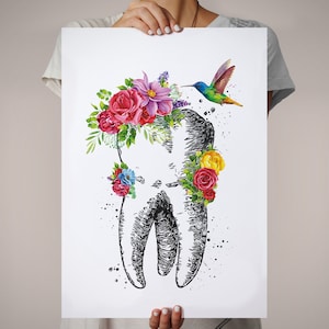 Floral Tooth Watercolor Print Tooth Flowers Anatomical Art Dental ...