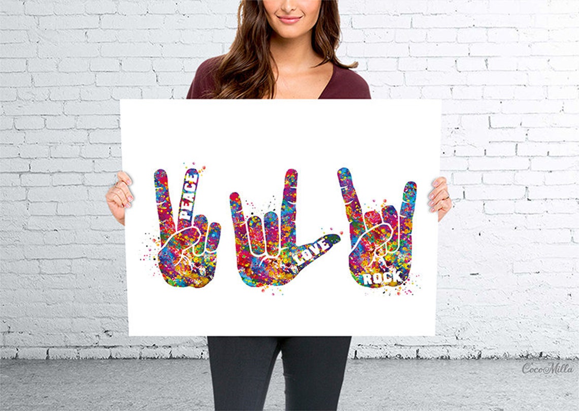 Peace Love Rock Symbol Watercolor Print ASL Sign Language Love - Etsy
