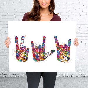 Peace Love Rock Symbol Watercolor Print ASL Sign Language Love Hand ...