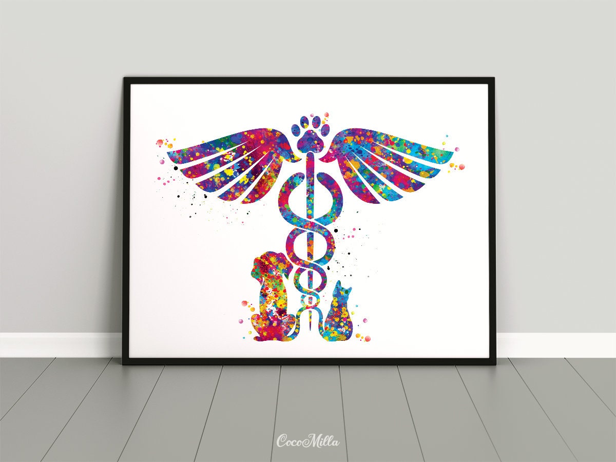 Veterinary Caduceus Watercolor Print Clinic Wall Art Cat Dog | Etsy UK