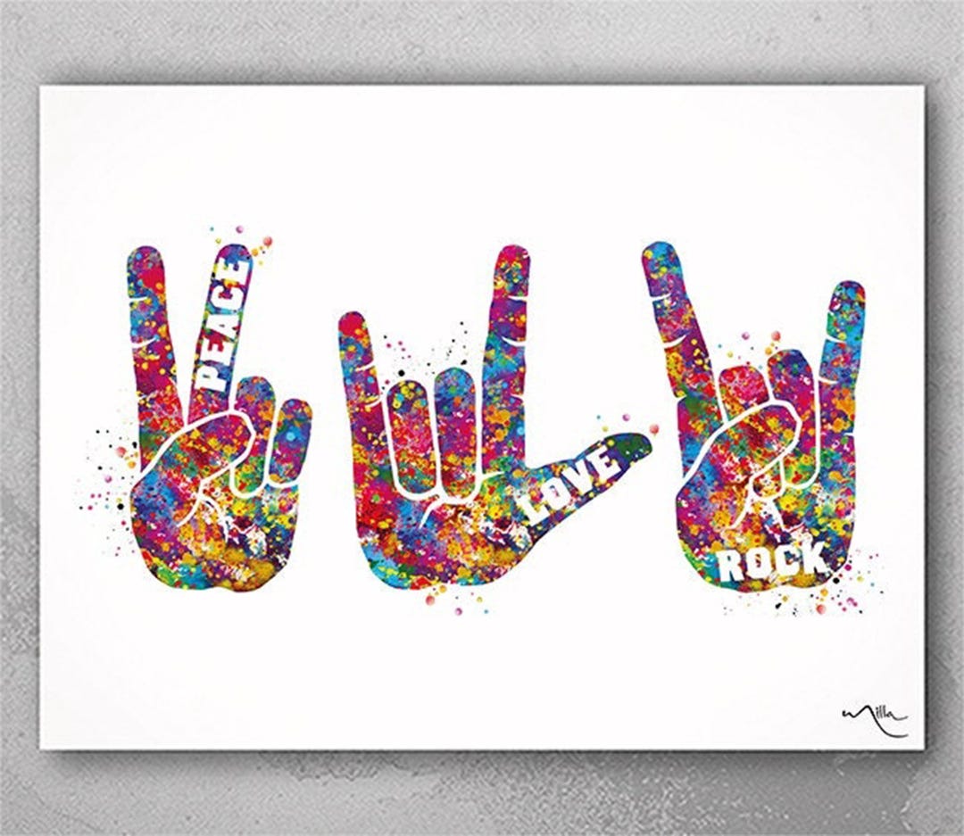 Peace Love Rock Symbol Watercolor Print ASL Sign Language Love Hand ...