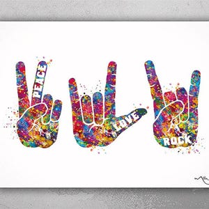Peace Love Rock Symbol Watercolor Print ASL Sign Language Love Hand ...