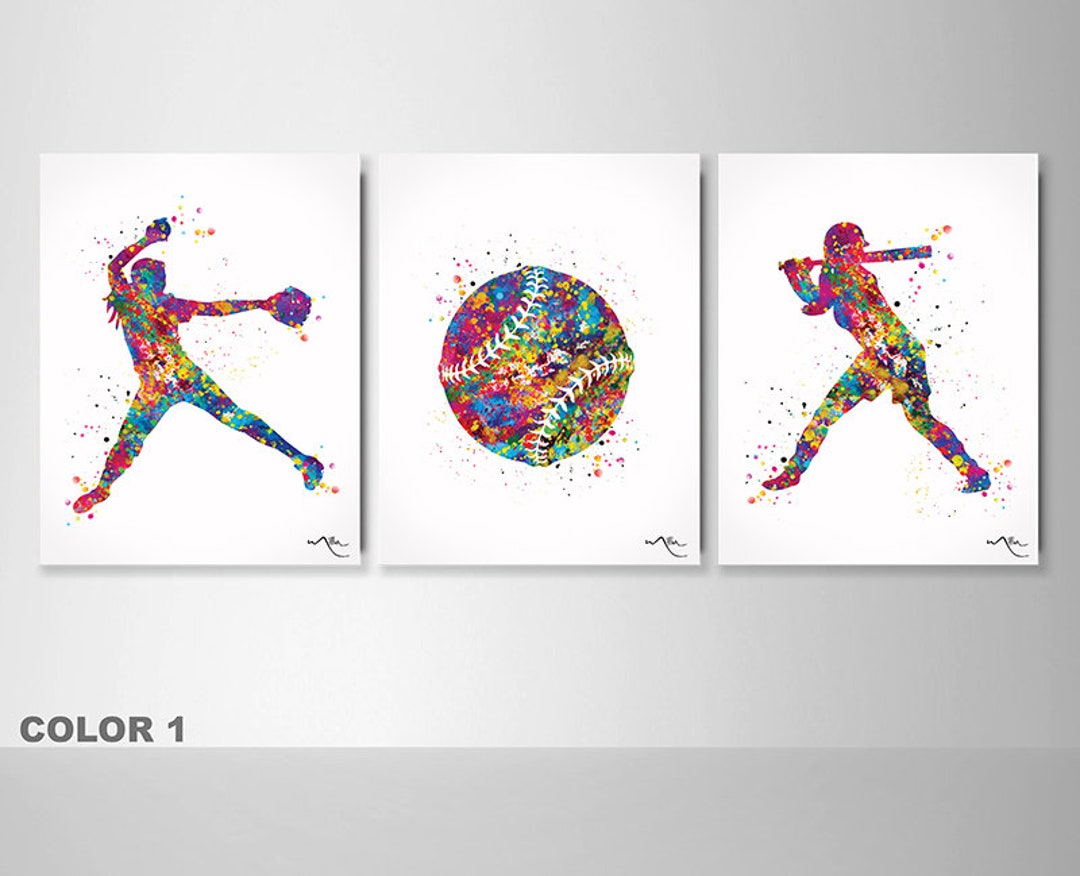 Softball Player Girl Watercolor Print Set Player Female Woman Pitcher ...