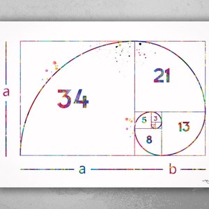 Fibonacci Spiral Watercolor Print Fibonacci Sequence Numbers Golden ...