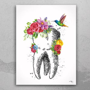 Floral Tooth Watercolor Print Tooth Flowers Anatomical Art Dental ...