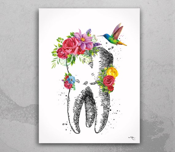 Floral Tooth Watercolor Print Tooth Flowers Anatomical Art | Etsy