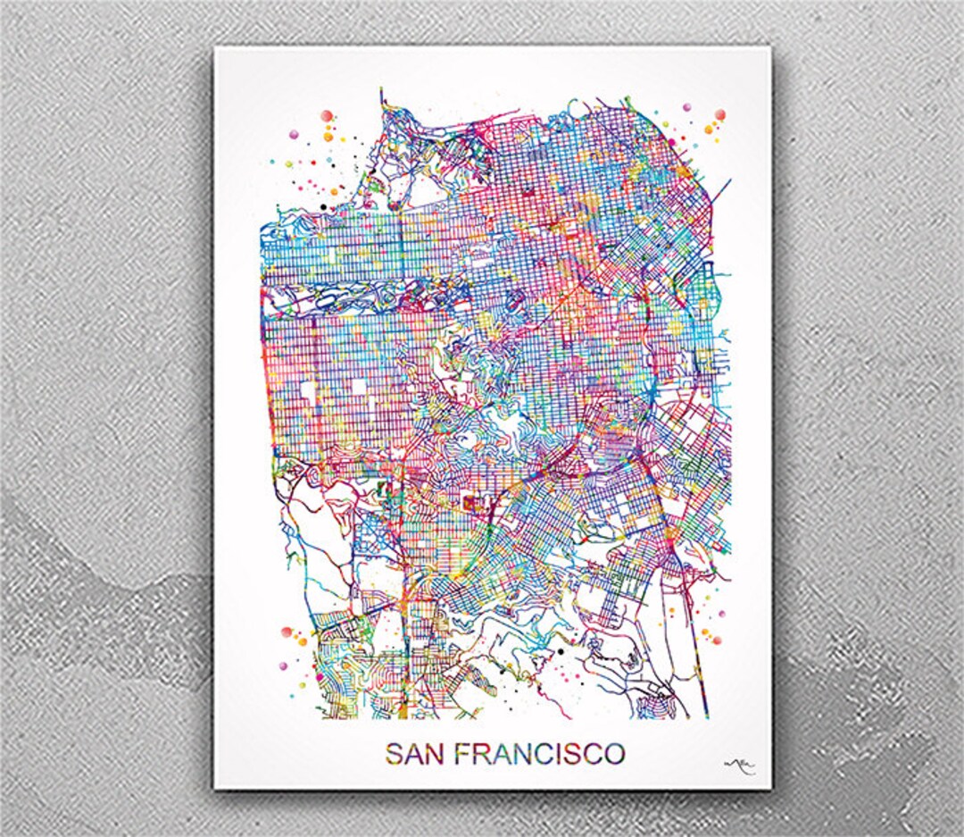 San Francisco Street Map Watercolor Print California Travel Decor ...