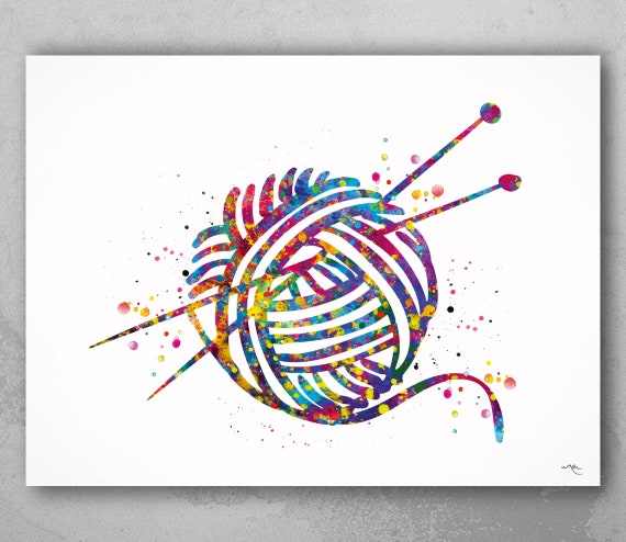 Knitting Art Watercolor Print Wall Art Yarn Knitted Woman - Etsy
