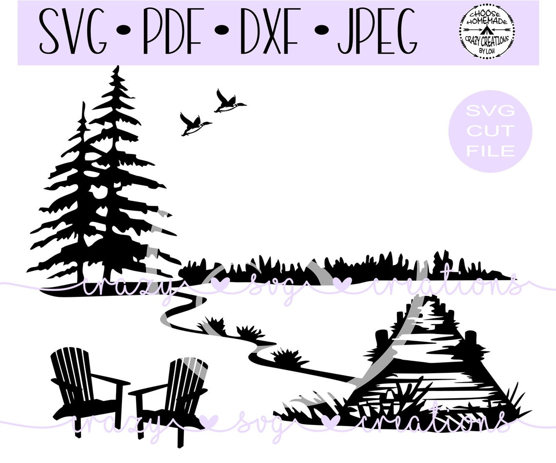 Lake Scene Silhouette SVG | Lake-dock-adirondack Chairs Digital Cut ...